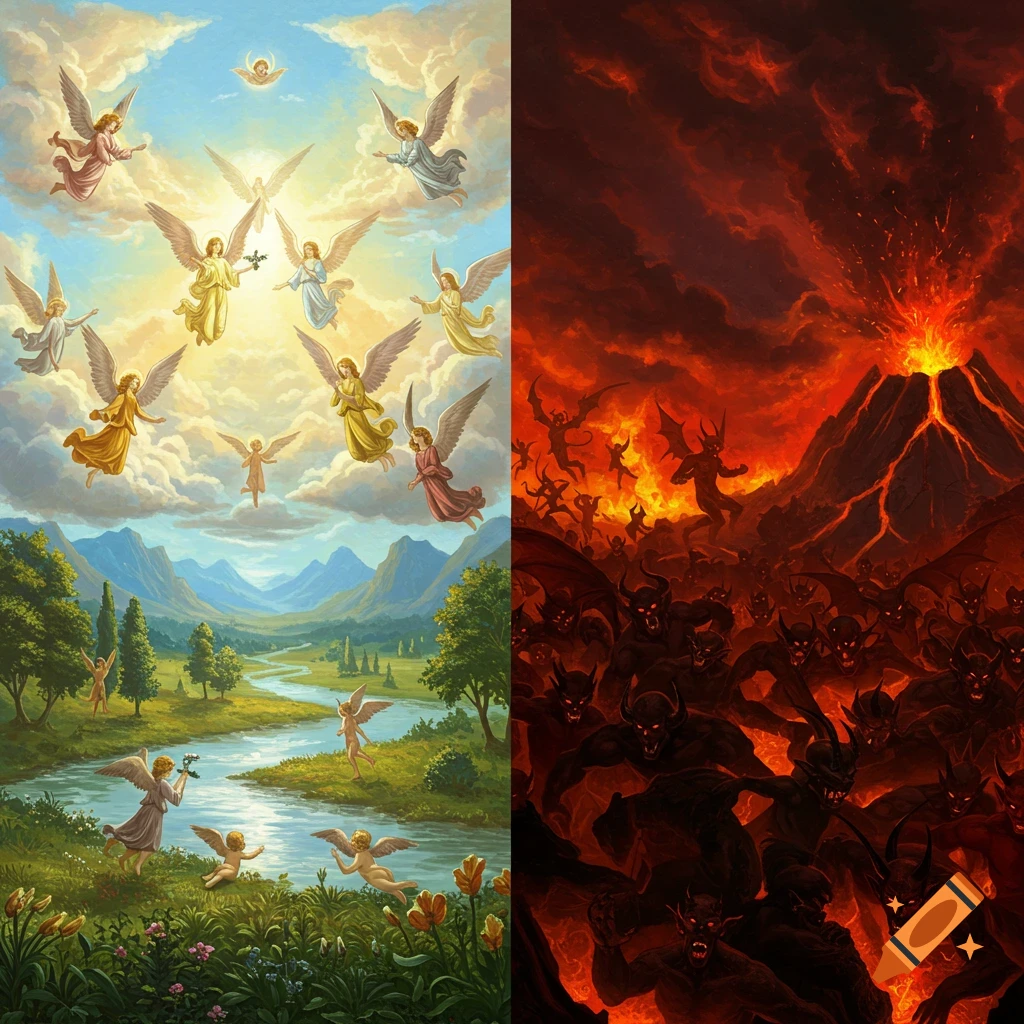 Split image showing peaceful heaven with angels on left and fiery hell ...
