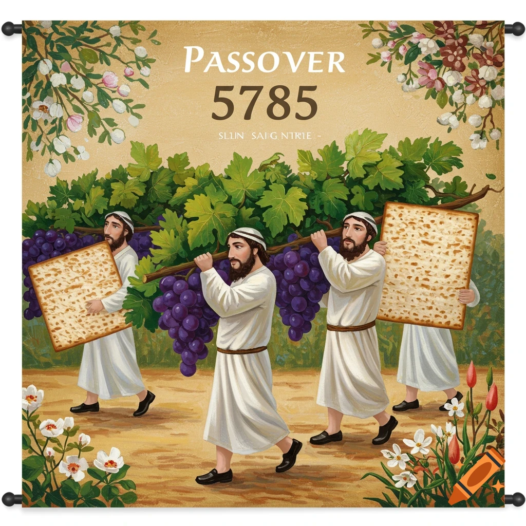 Passover banner with Hebrews carrying grape vines, matza, ritual ...