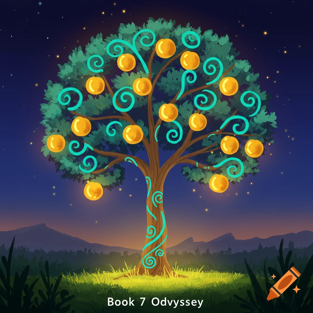 Glowing fruit tree representing Book 7 of The Odyssey on Craiyon