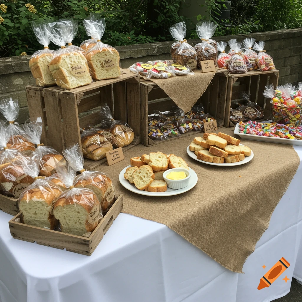 Display table with bread and candy for sale on Craiyon