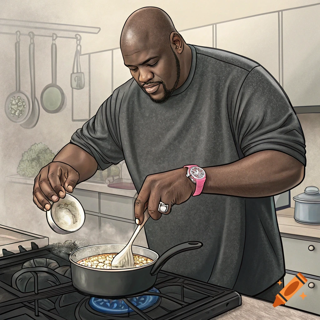 Illustration of Shaquille O'Neal and children eating a bucket of fried ...