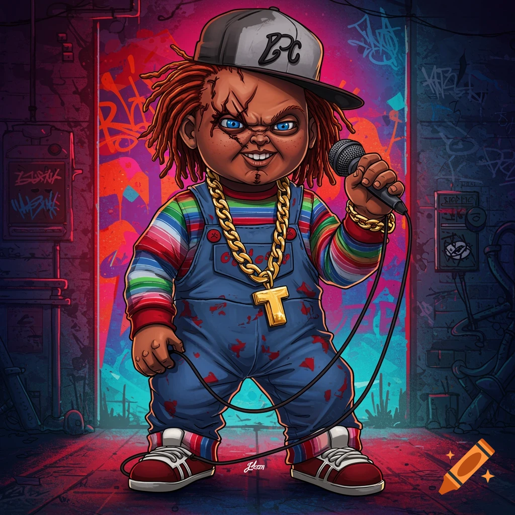 Chucky rapping on Craiyon