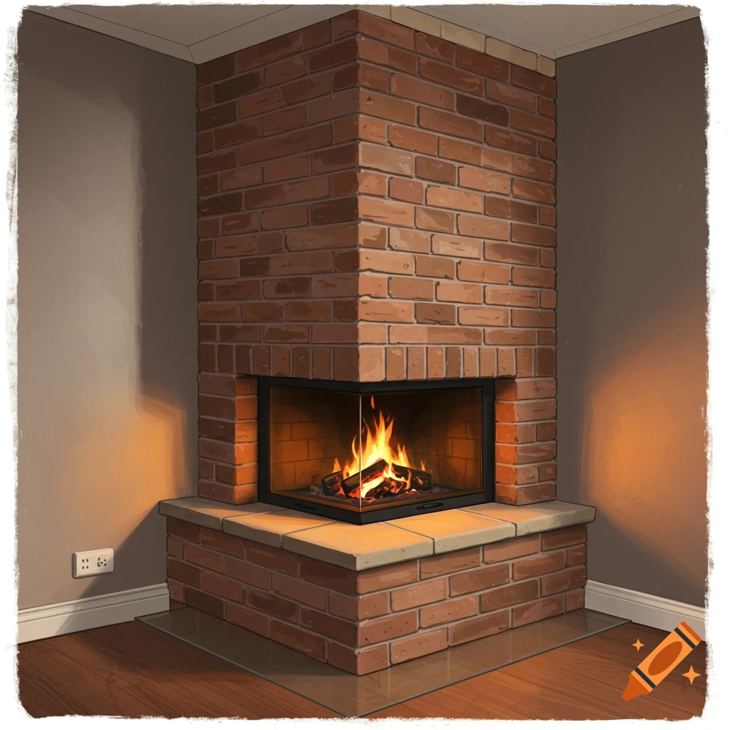 A cozy living room with a lit fireplace, armchair, and rug illuminated ...