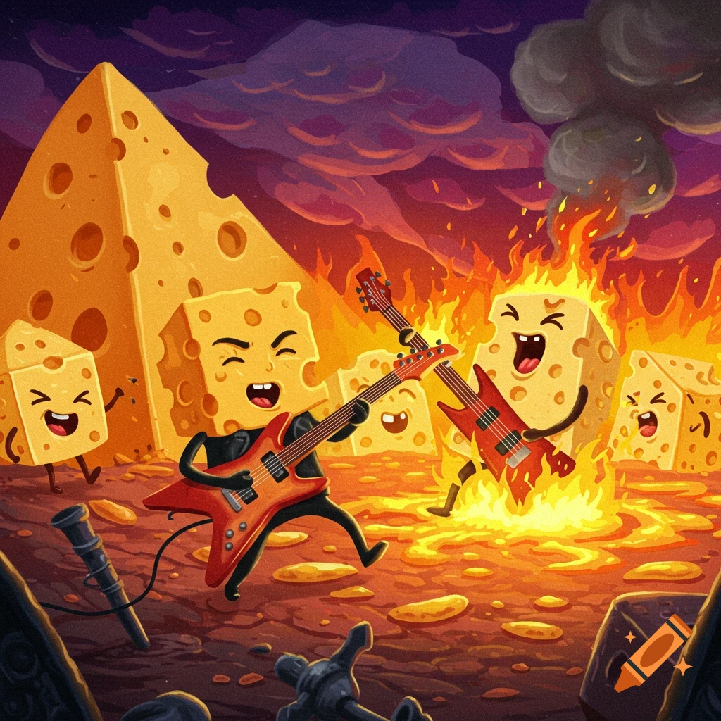 Cartoon cheese characters play heavy metal guitars engulfed in flames ...