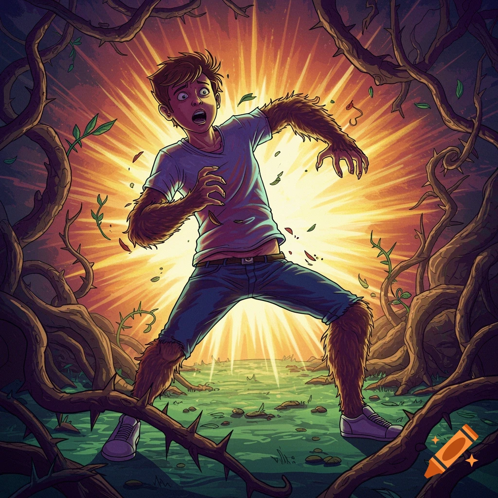 Illustration of a boy transforming into a furry creature in a forest ...