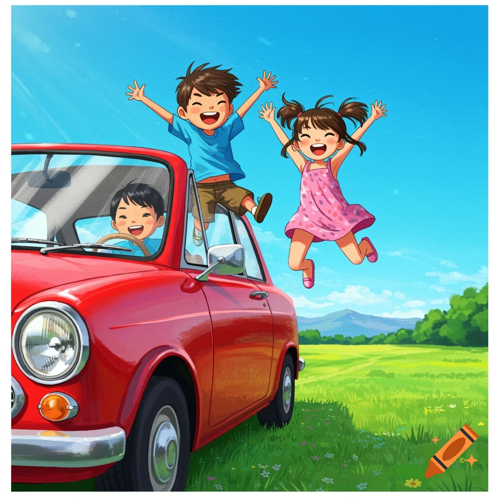 Boy and girl jumping out of a red car on Craiyon