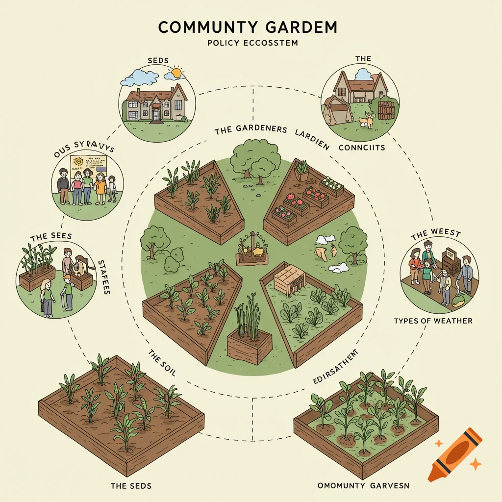 Concept map of a community garden analogy to a policy ecosystem on Craiyon