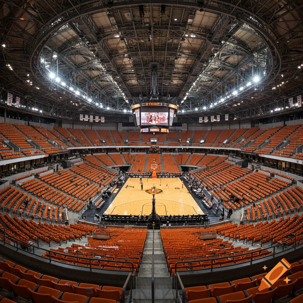An empty basketball arena with blue seats and a scoreboard on Craiyon