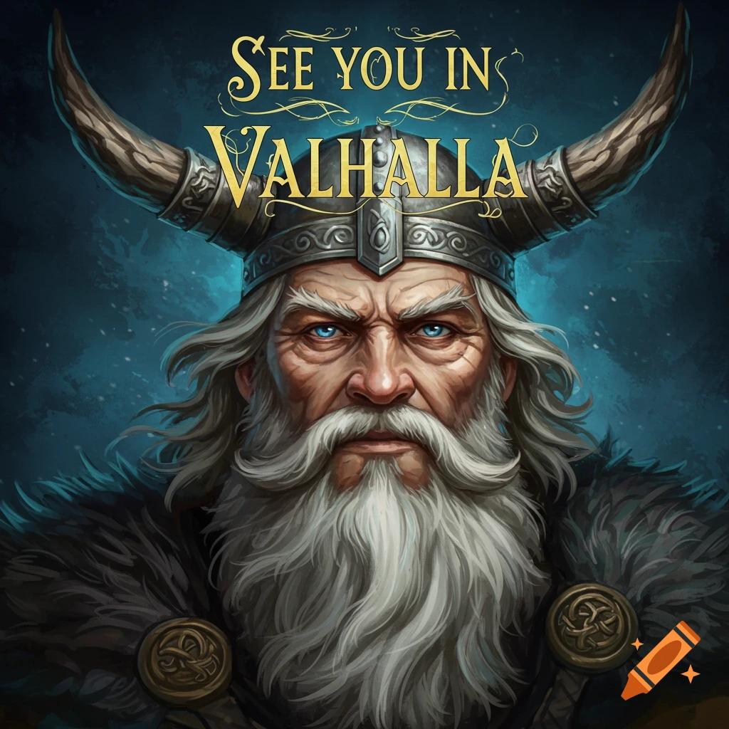 Odin face with 'See you in Valhalla' text above his head. on Craiyon