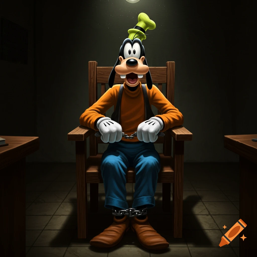 Goofy sits in a chair wearing handcuffs and chains in a dimly lit room ...