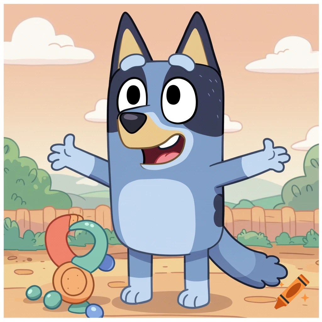 Cartoon Bluey the dog with arms open in a backyard with toys. on Craiyon
