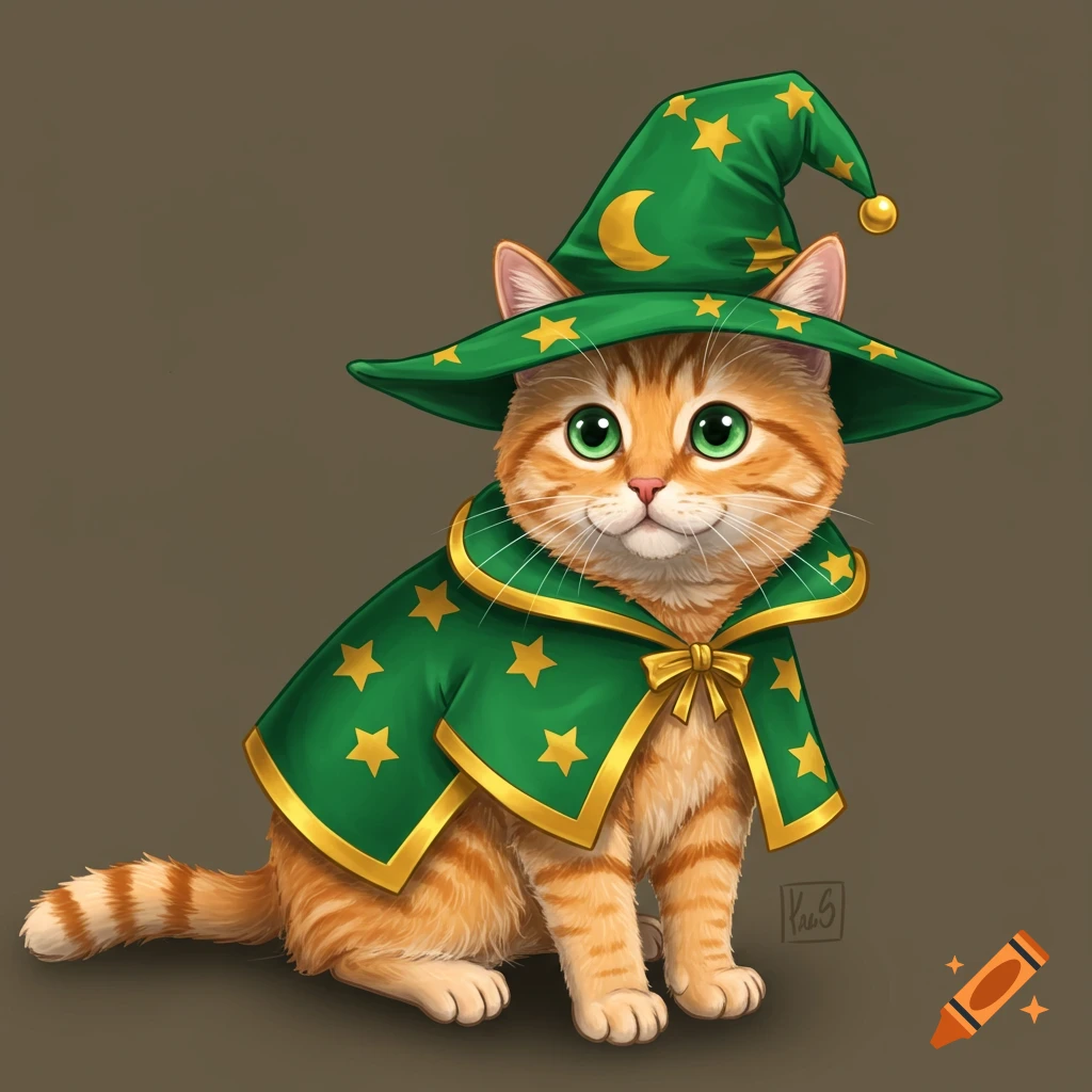 Orange cat wearing wizard hat and cloak on Craiyon