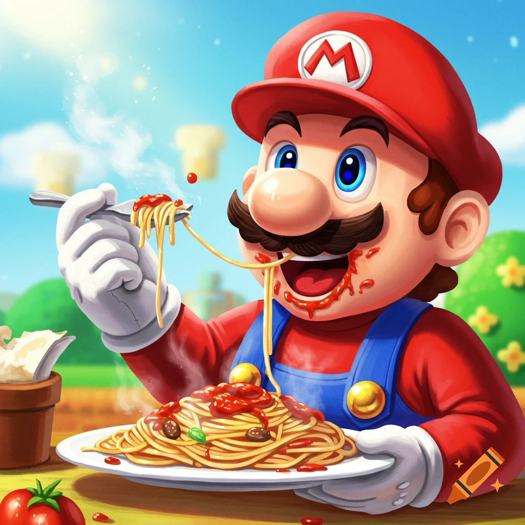 Super Mario character eating messy spaghetti from a plate in a cartoon style. on Craiyon