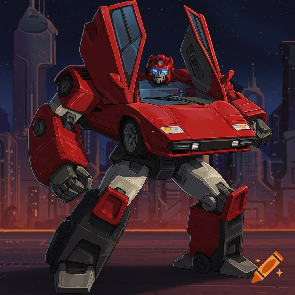 A transformer robot made from a red 1993 Mustang convertible stands in ...