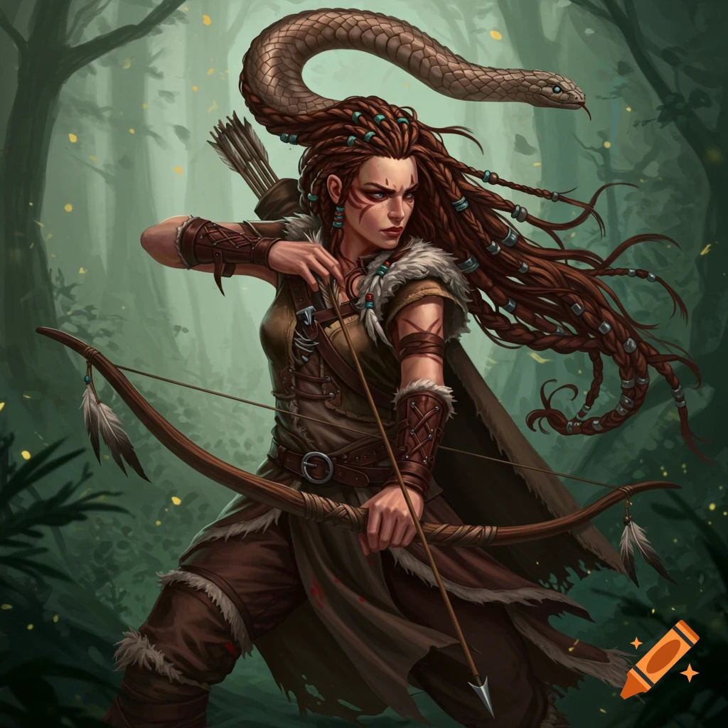 A fantasy image of a female hunter with a snake braided into her hair ...