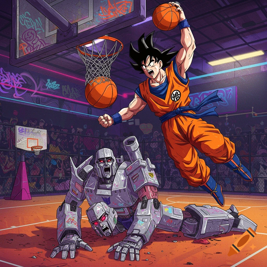 Piccolo dunks on Perfect Cell in an anime style basketball game. on Craiyon