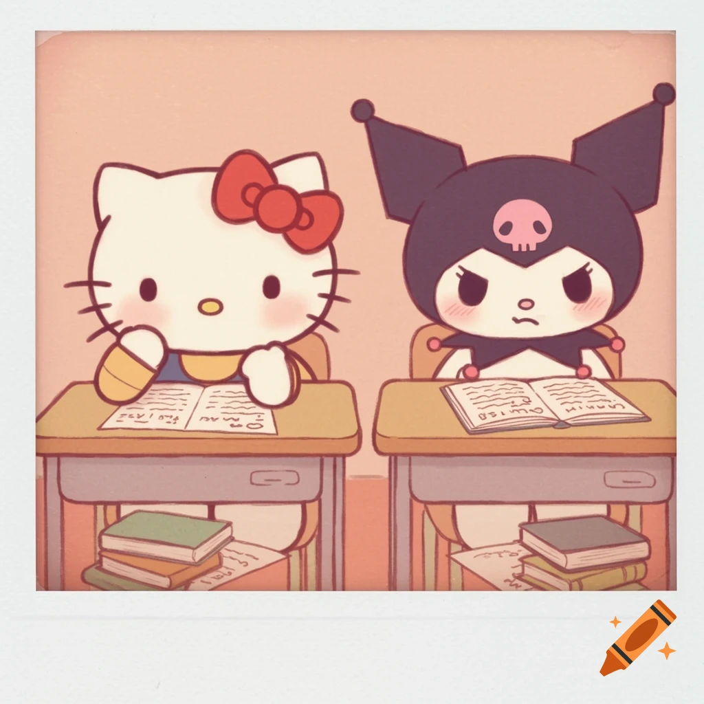 Kuromi and Hello Kitty playing in a pink and purple room on Craiyon