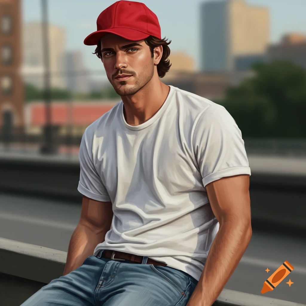 Painting of a man wearing a red baseball cap and white t-shirt on Craiyon