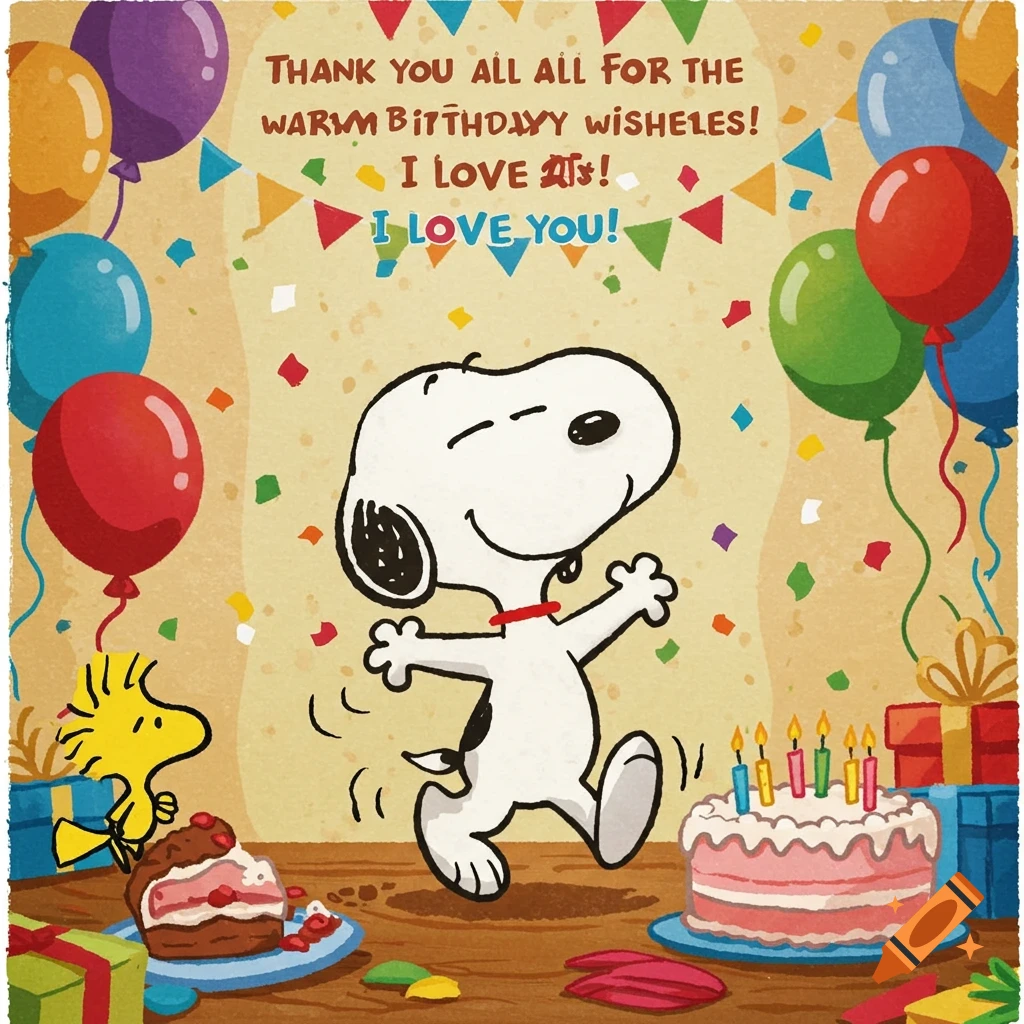 Snoopy celebrating birthday with thank you message on Craiyon