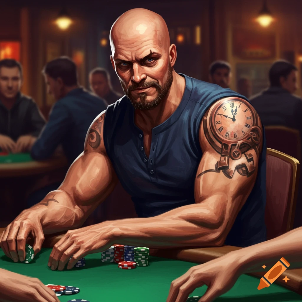 Semi-muscular pale guy with clock tattoo playing poker on Craiyon