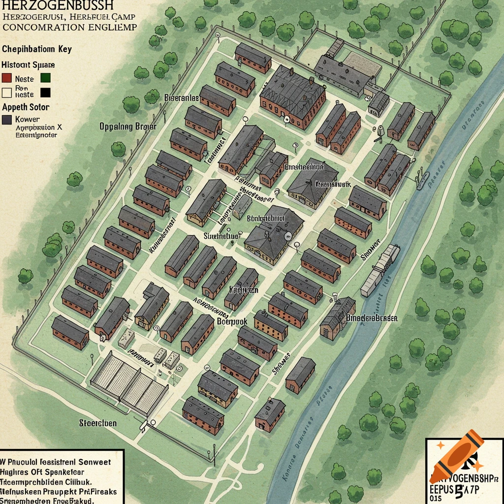 Map of Herzogenbusch Concentration Camp with labeled buildings and ...