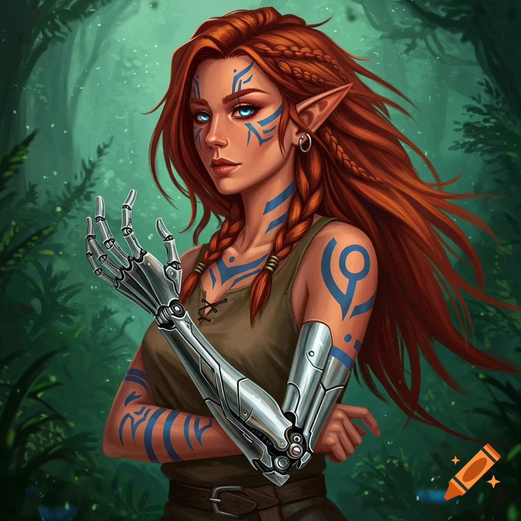 Stylized half-orc female bartender with tattoos and a friendly ...