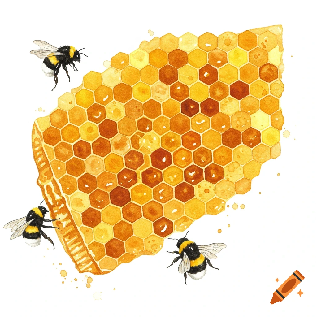Watercolor drawing of honeycomb with bumble bees on Craiyon