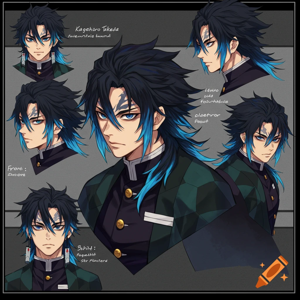 Demon Slayer character reference sheet for Kagehiro Takeda with black ...