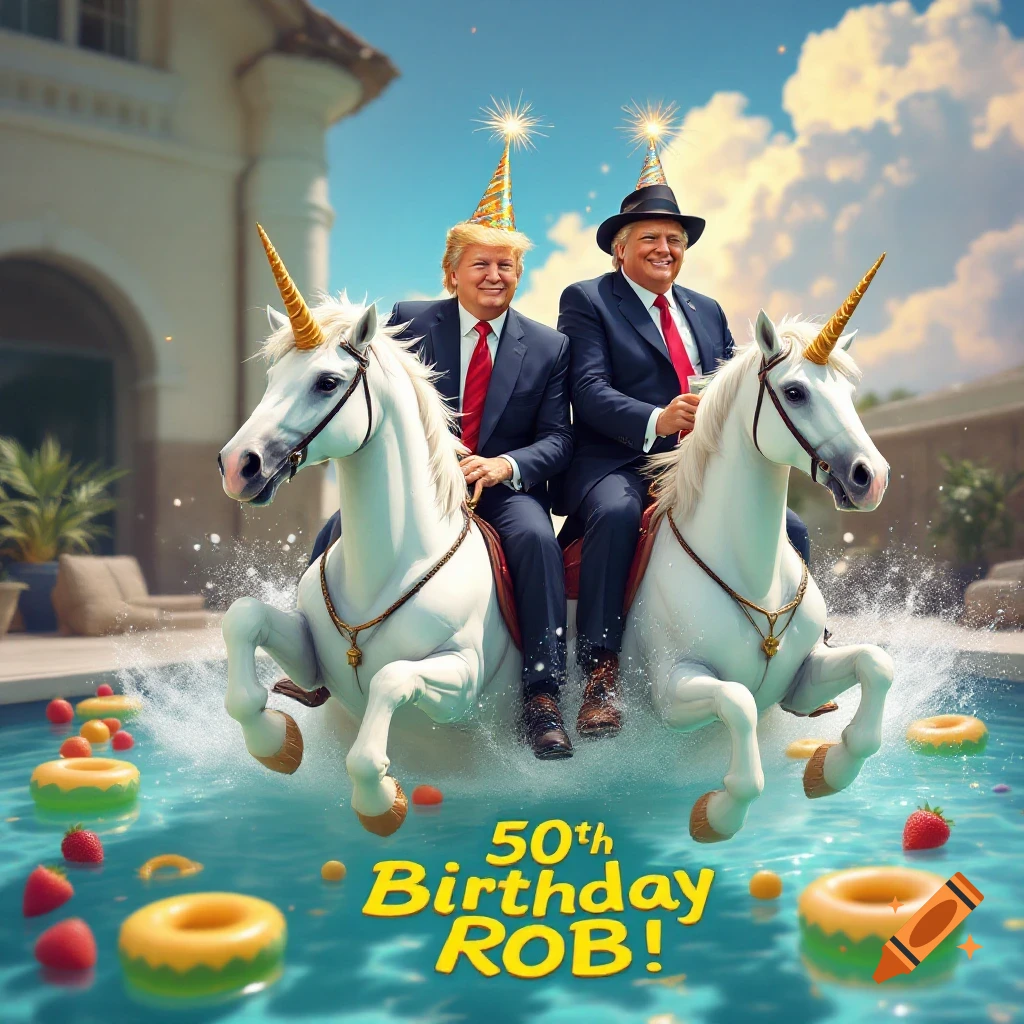 Donald Trump and a man in birthday hats riding unicorns over a pool ...