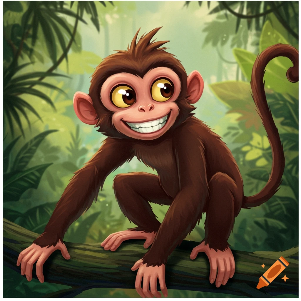 Cartoon monkey hanging on vines using its tail on Craiyon