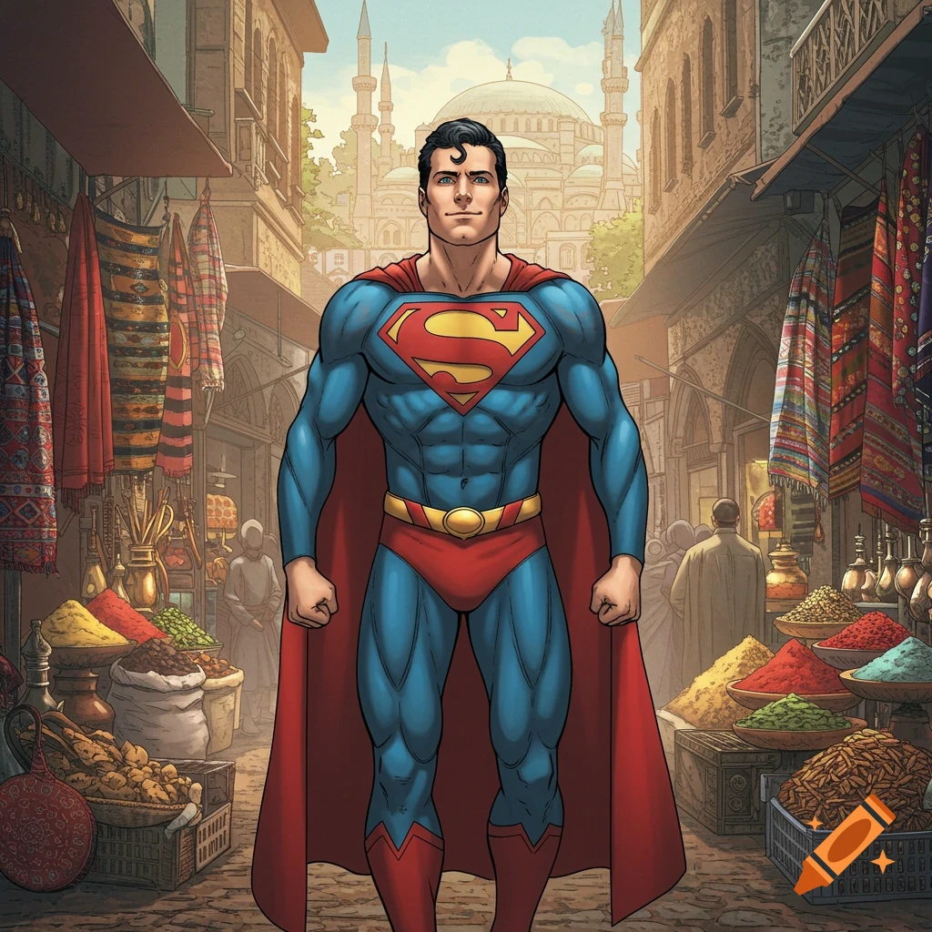 Superman stands in a colorful marketplace with spices and textiles ...