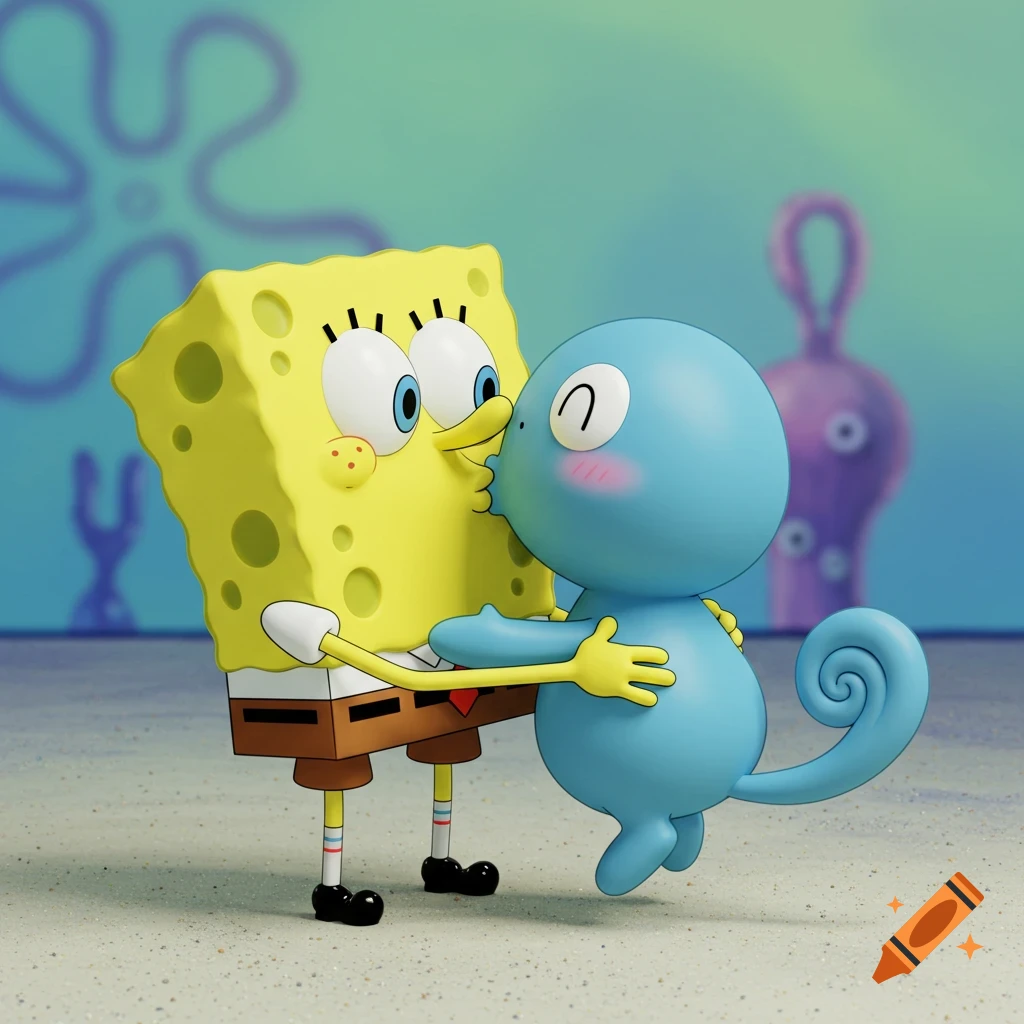 SpongeBob kissing poliwag on Craiyon