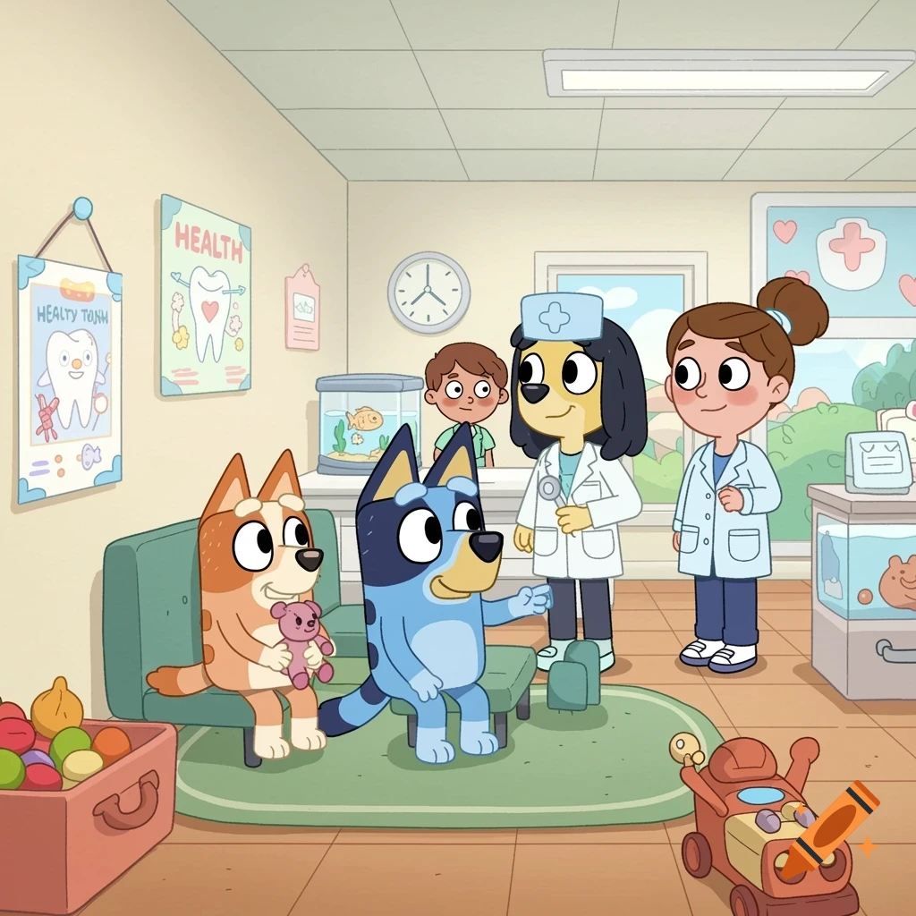 Bluey characters at the doctors office on Craiyon