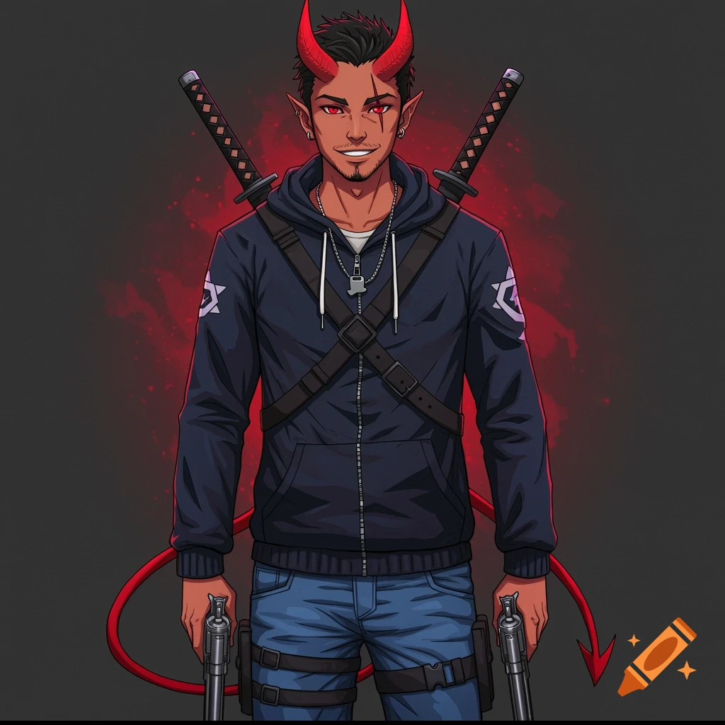 A stylized man with red horns, red eyes, and a tail holds dual ...