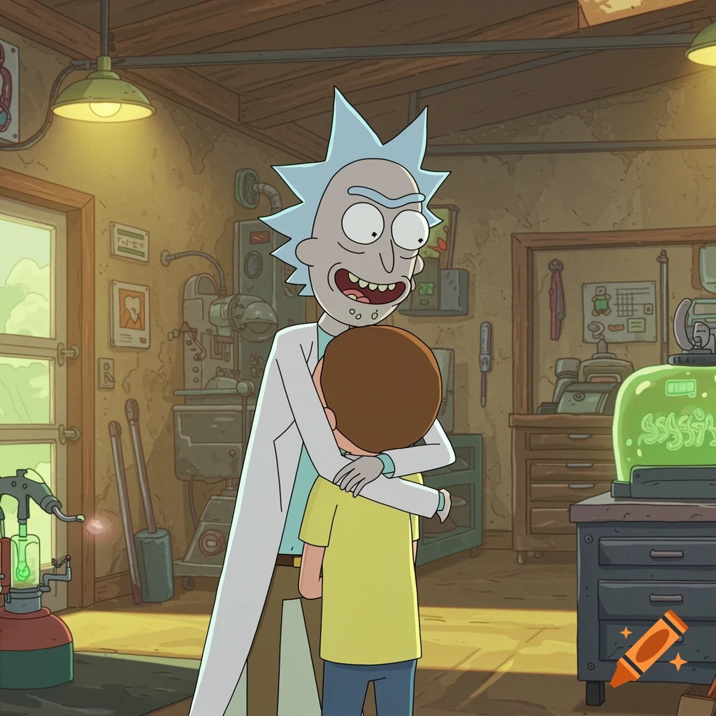 Rick Sanchez hugs Morty Smith in a cluttered science lab. Cartoon style ...