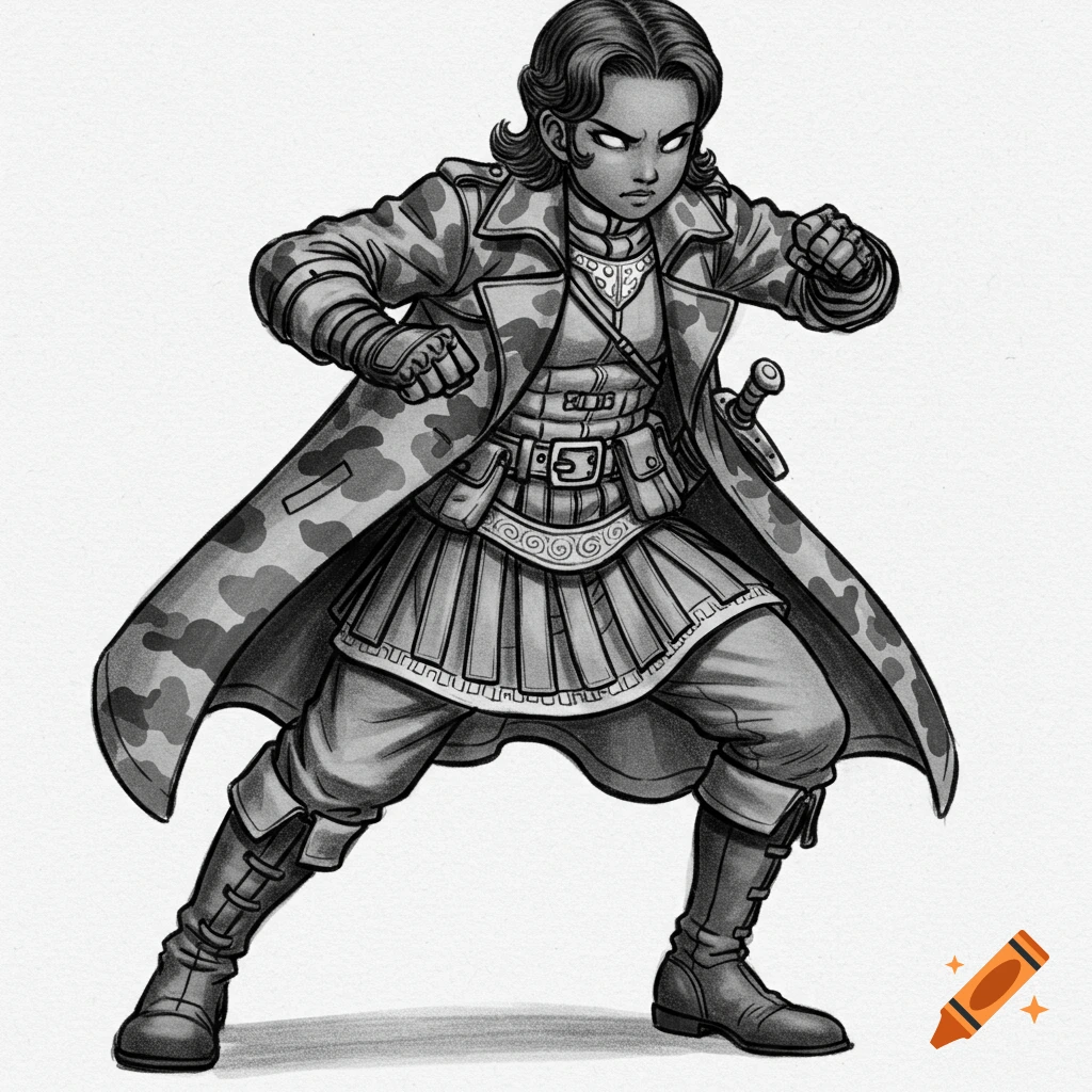 Dragon Quest style sketch of a woman in 1940s/Roman outfit with a camo ...
