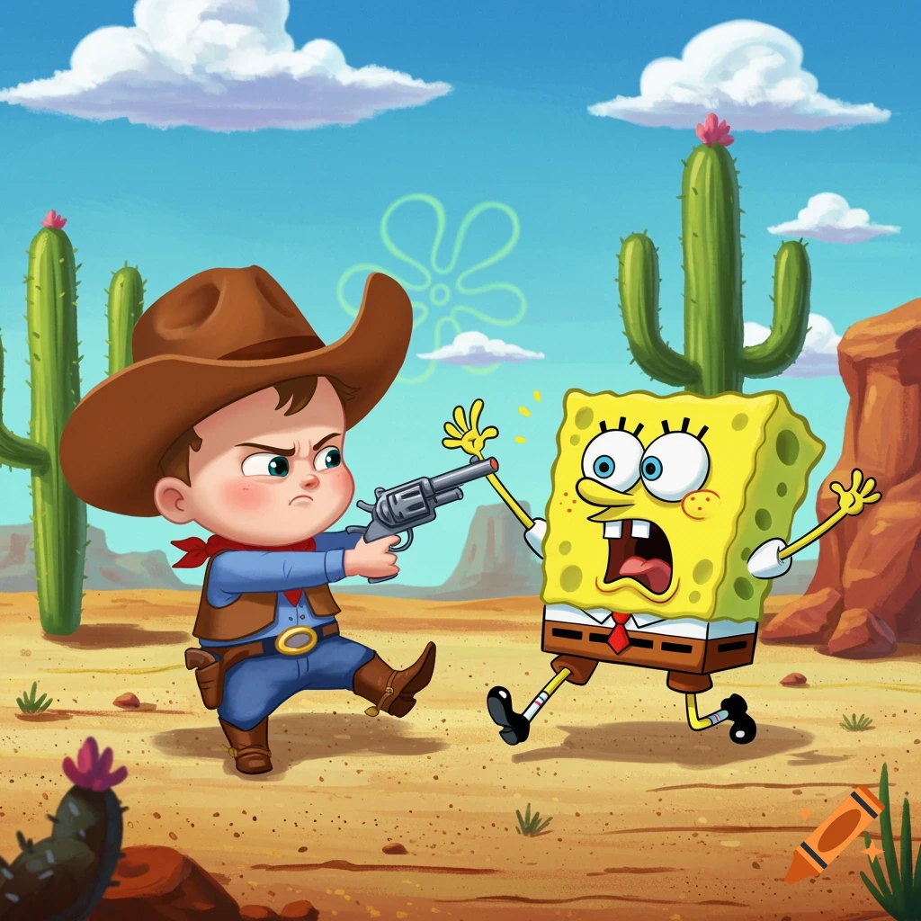 A cartoon baby cowboy points a toy gun at SpongeBob SquarePants in a ...