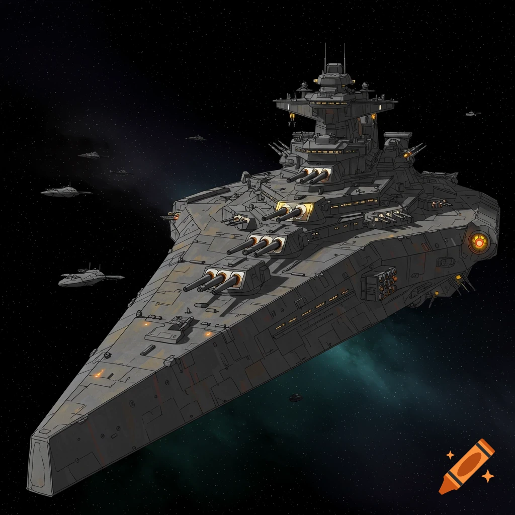 A large grey battleship is in space with smaller ships. on Craiyon
