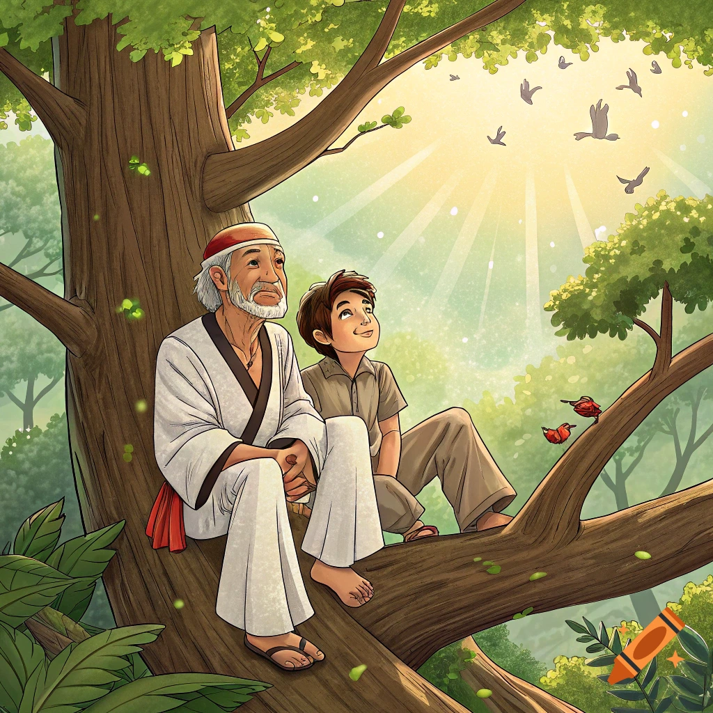 Illustration of an old man and a boy sitting on a tree branch in a ...