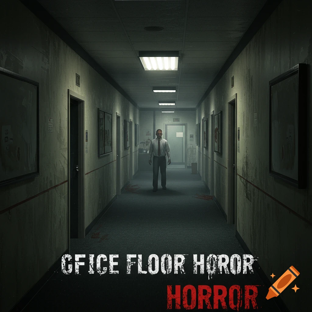 Eerie office hallway with lone worker and 'OFFICE FLOOR HORROR' title ...