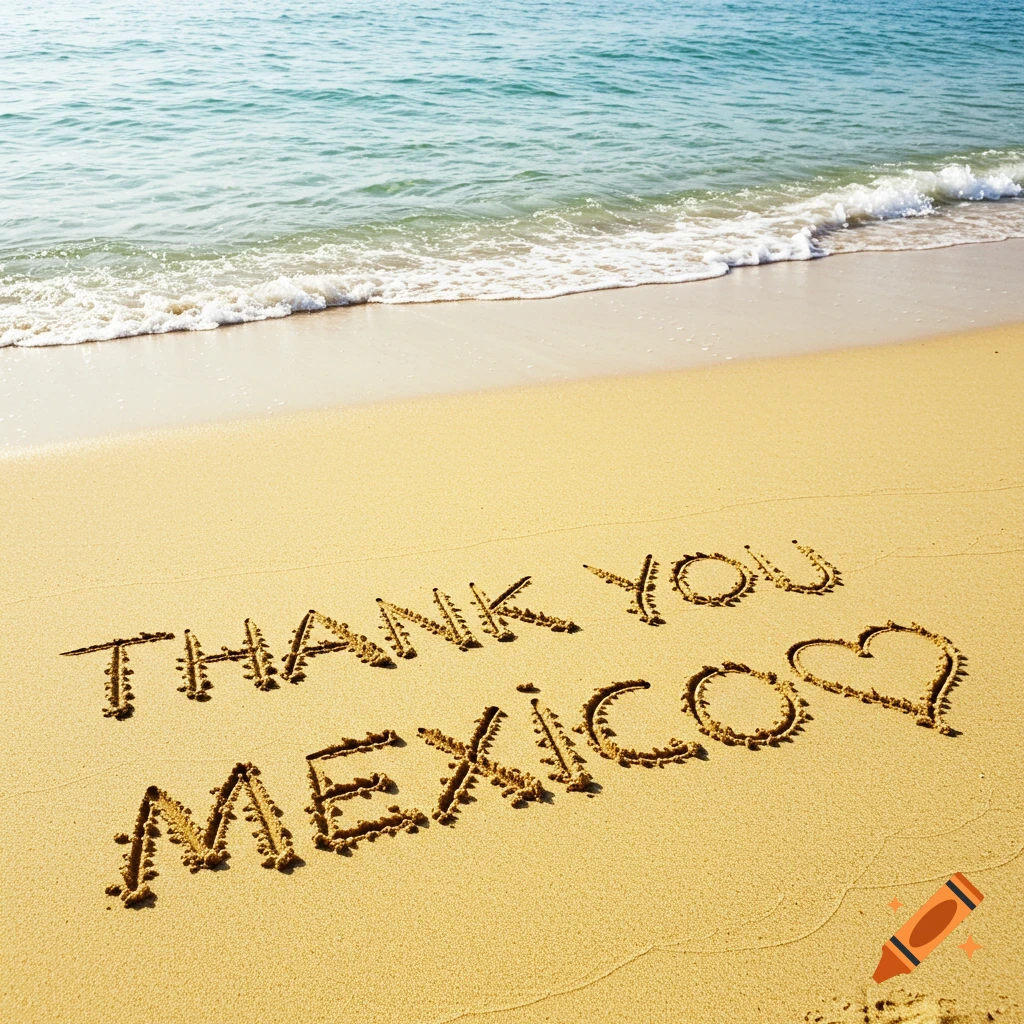 Thank You Mexico message drawn in sand on beach on Craiyon