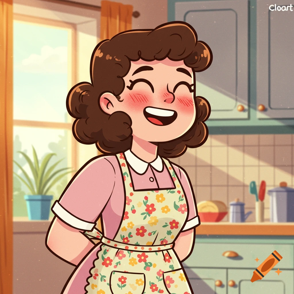 Cartoon illustration of a smiling woman in an apron in a kitchen. on ...