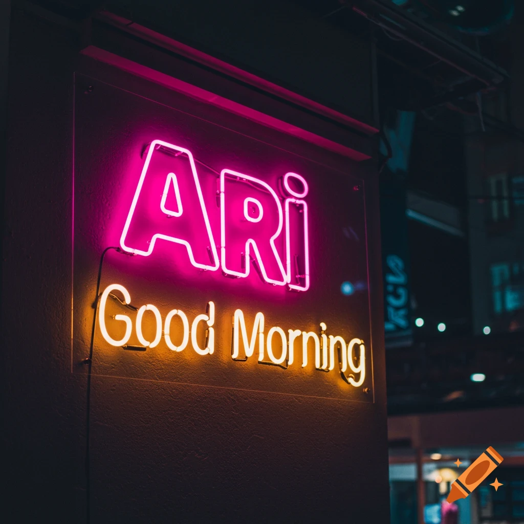 Pink and orange neon sign reading 'ARI Good Morning' at night. on Craiyon