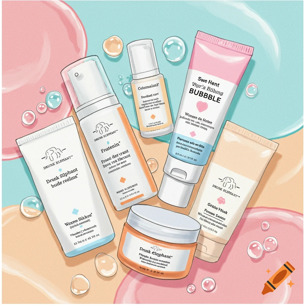 Drunk Elephant and Bubble skincare collaboration product packaging on ...