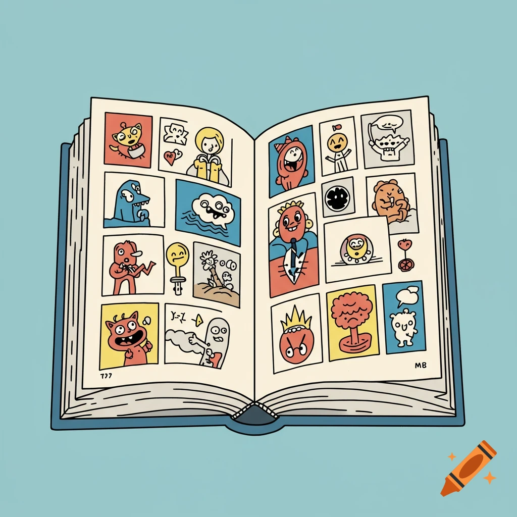 Illustration of an opened book with multiple cartoon panels featuring ...