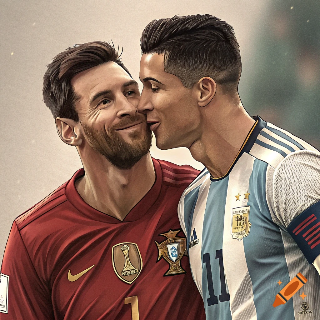 Cristiano Ronaldo kissing Lionel Messi on Craiyon