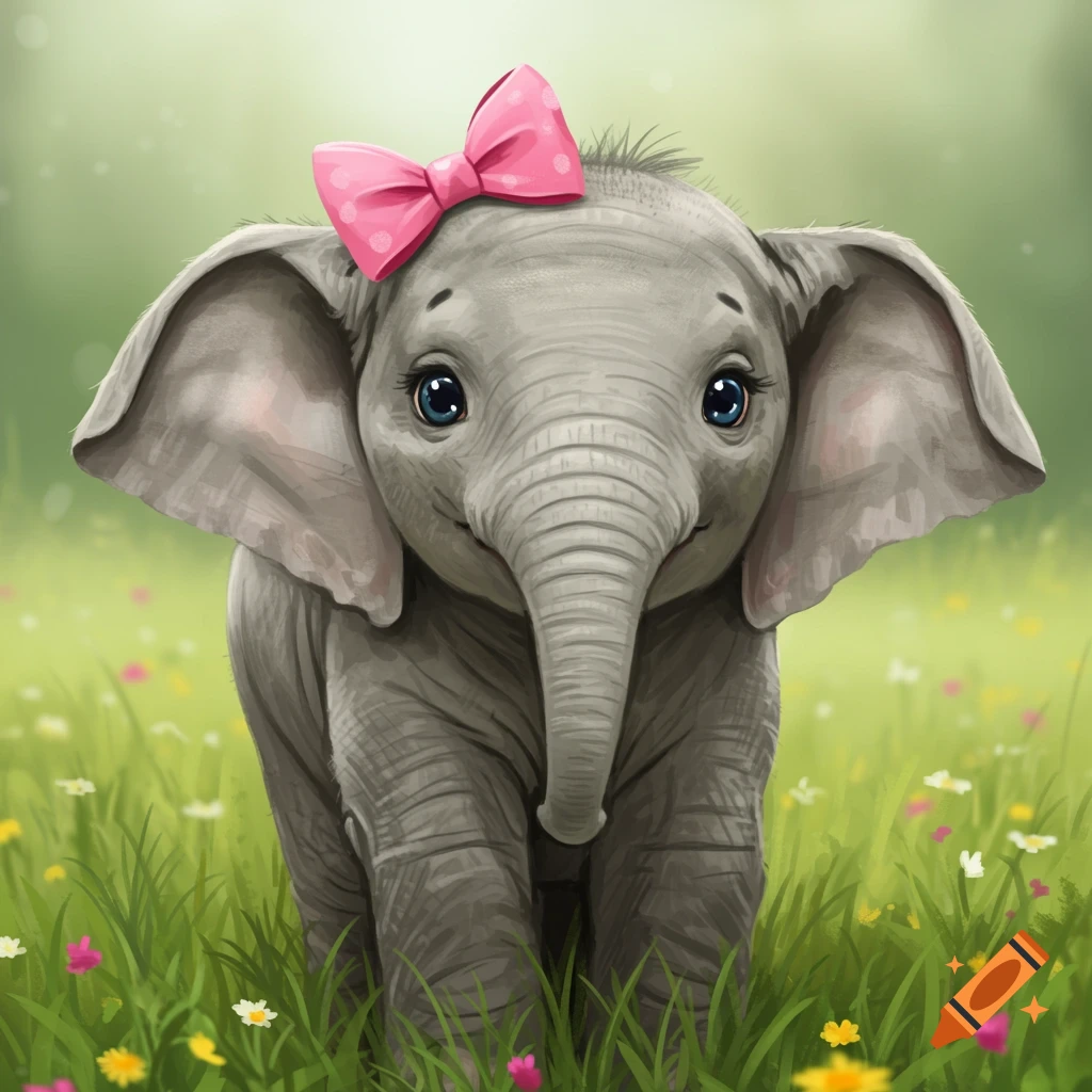 A cute pink cartoon elephant stands in a field of flowers. on Craiyon