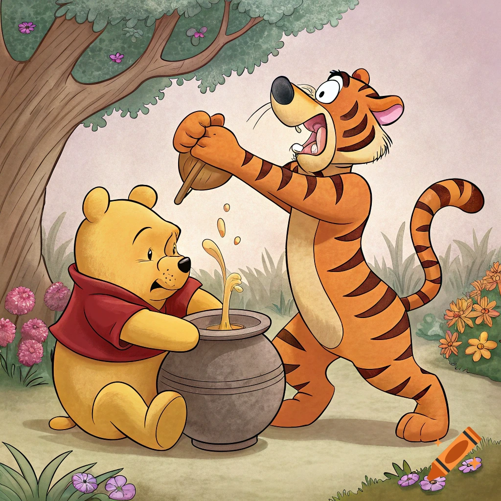 Pooh Bear and Tigger fighting over honey on Craiyon