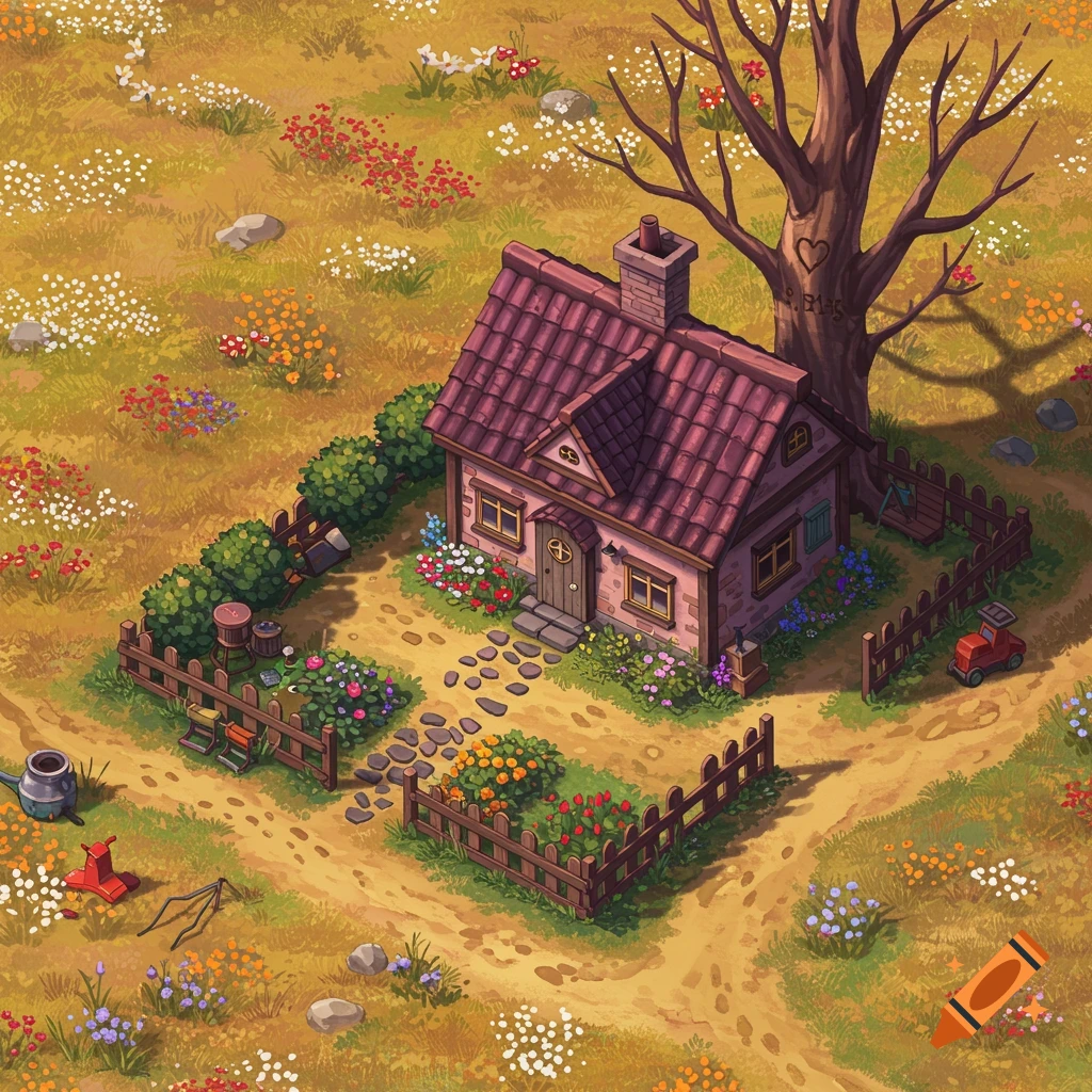 Cottage in a flower field with pink roof, garden, and sandy area. on ...