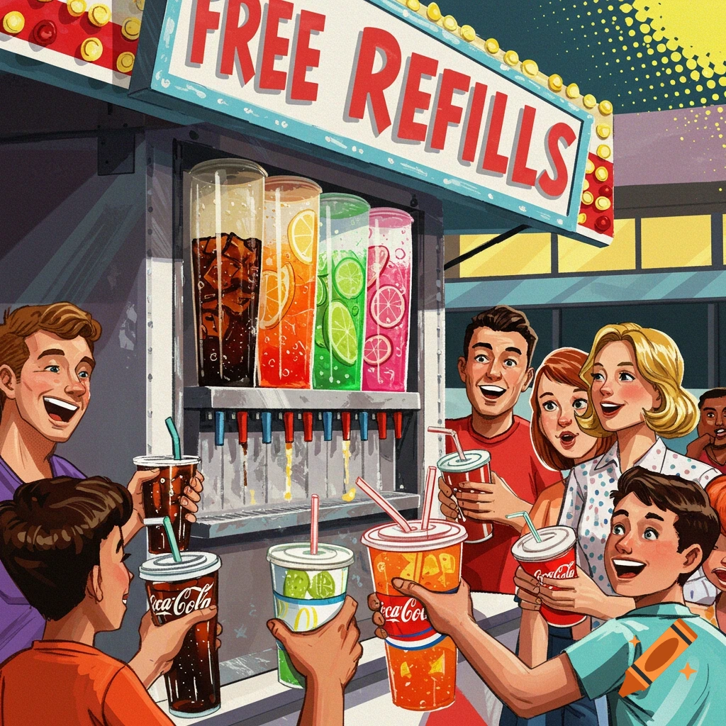 Free refills on soft drinks at concession stand on Craiyon